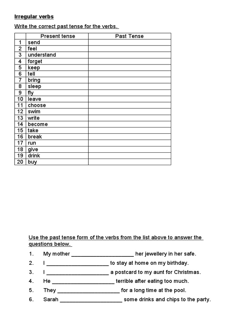 Irregular Verbs Exercise Year 6 | PDF