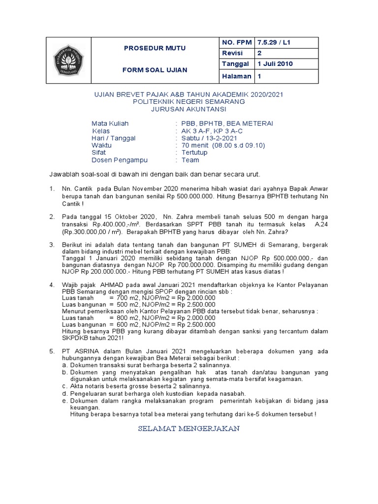 Soal Ujian Brevet PBB, BPHTB Dan BM Jan 2021 | PDF