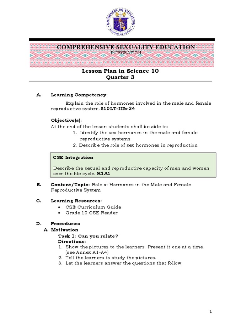 Comprehensive Sexuality Education: Lesson Plan in Science 10 Quarter 3 ...