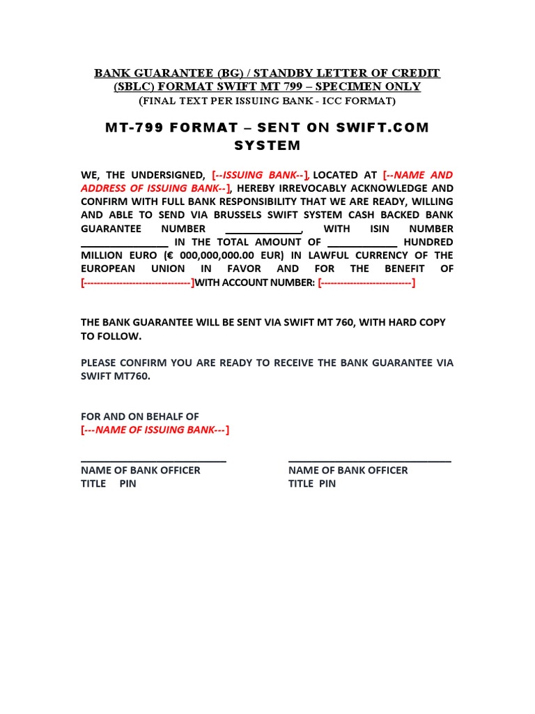 System: Bank Guarantee (BG) / Standby Letter of Credit (SBLC) Format ...