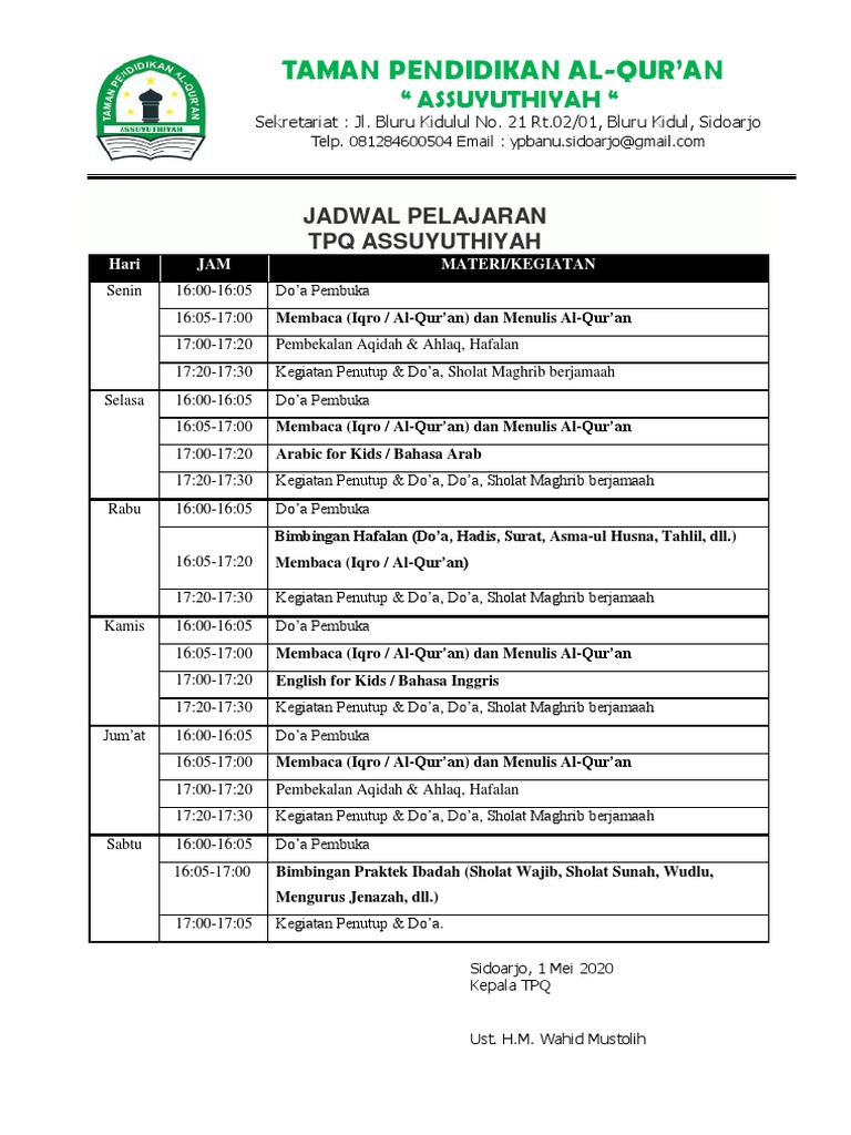 Jadwal Pelajaran TPQ Assuyuthiyah | PDF