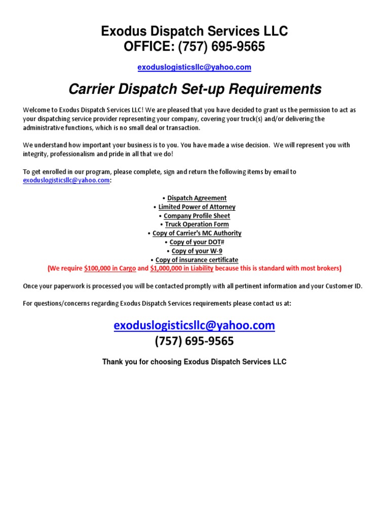 Carrier Dispatch Set-Up Requirements: Exodus Dispatch Services LLC OFFICE: (757) 695-9565 | PDF ...