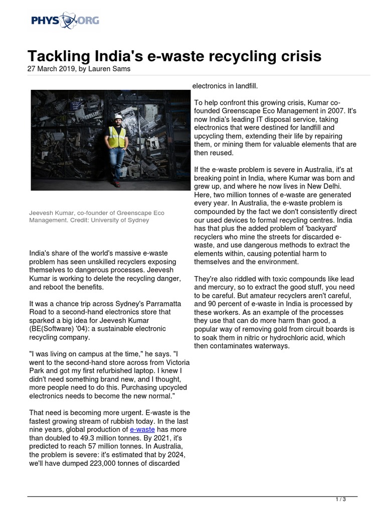 2019 03 Tackling India e Waste Recycling Crisis | PDF | Electronic ...