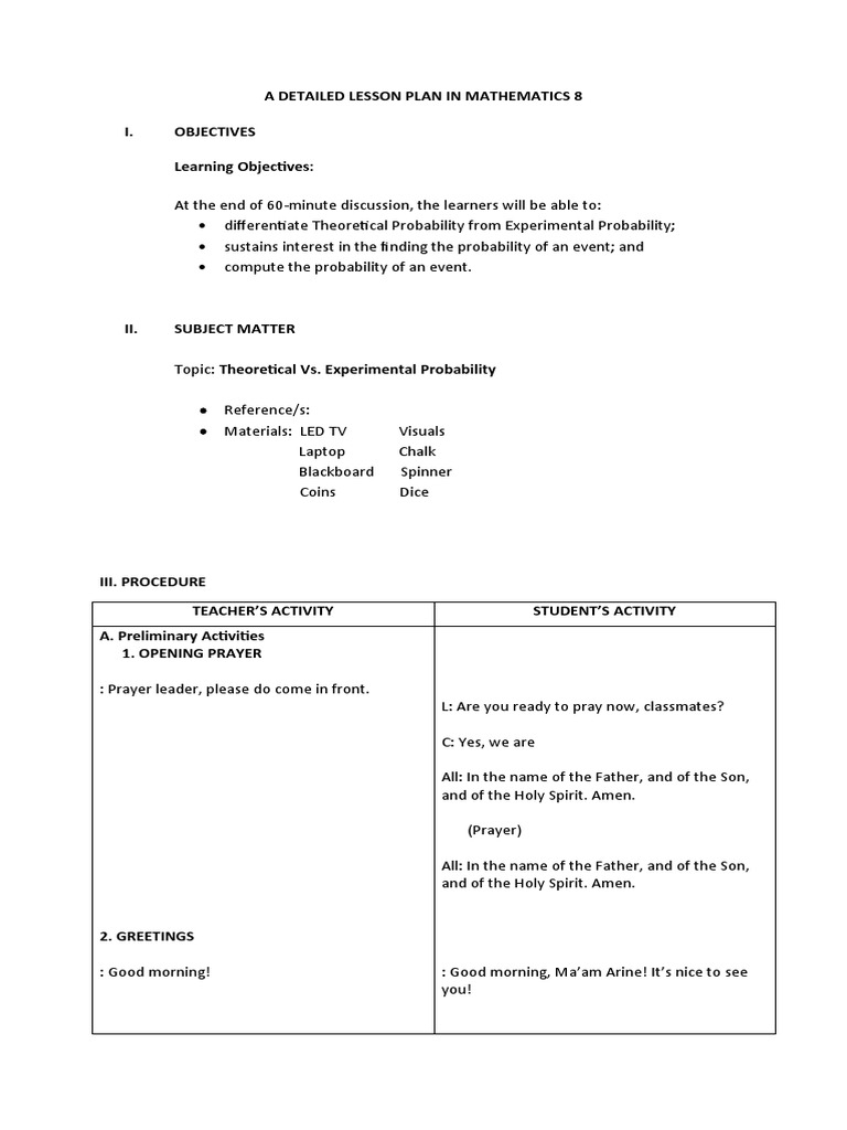 Detailed Lesson Plan in Grade 8 Mathematics. Experimental vs ...