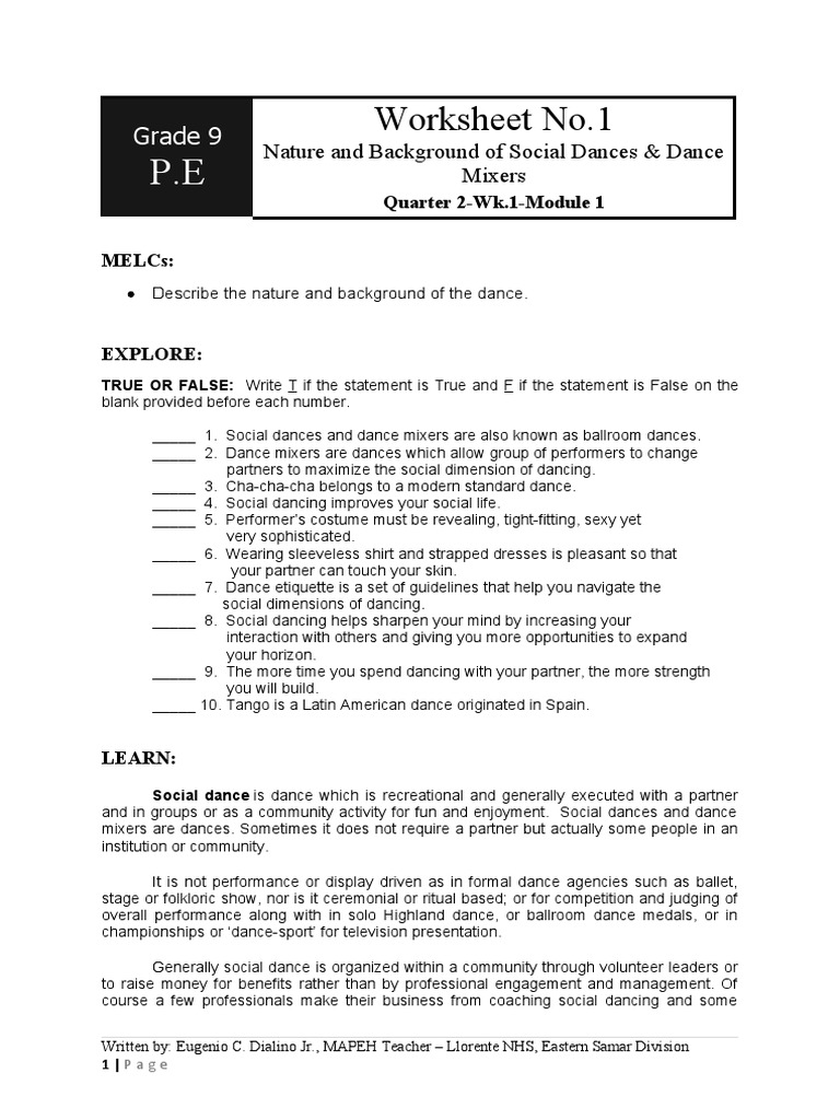 Worksheet No.1: Grade 9 | PDF | Ballroom Dance | Dances