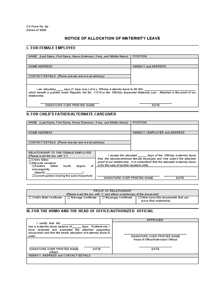 Notice of Allocation of Maternity Leave: I. For Female Employee ...