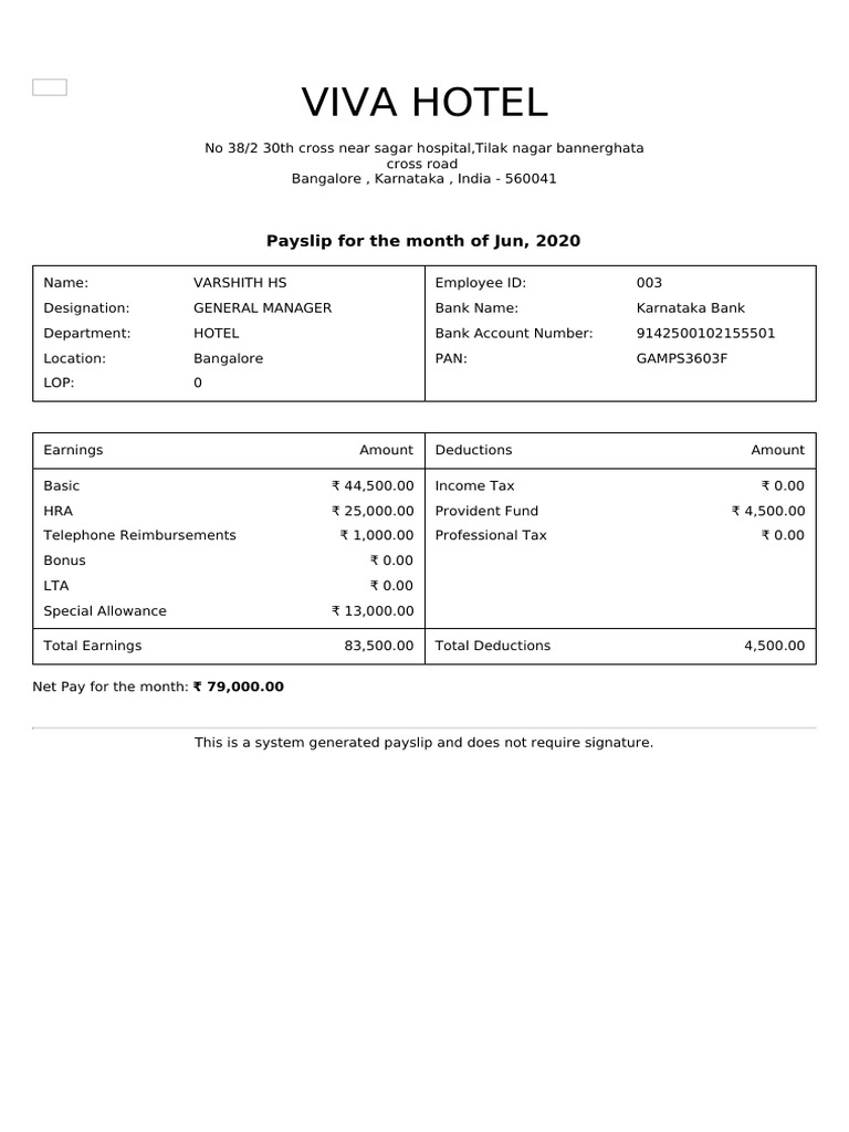 Viva Hotel: Payslip For The Month of Jun, 2020 | PDF