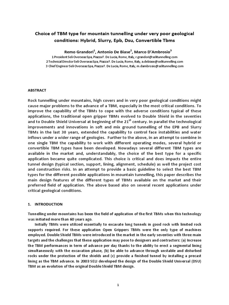 Choice of TBM Type | PDF | Tunnel | Civil Engineering