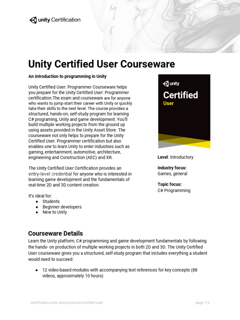 Unity Certified User Programmer Courseware Info Sheet | PDF | Unity (Game Engine) | C Sharp ...
