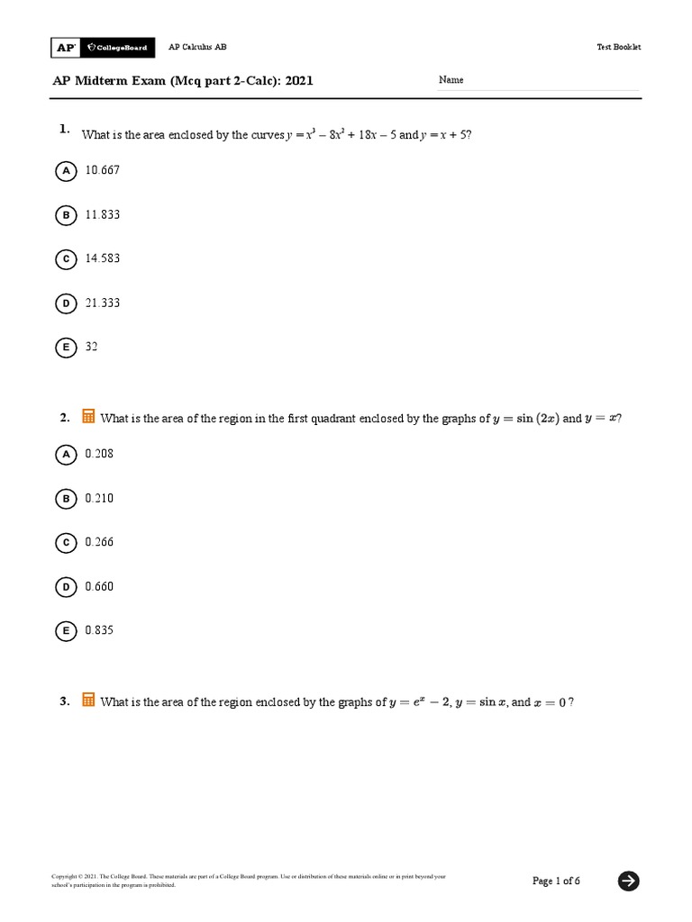 AP Calc Midterm (MCQ Part 2-Calc) 2021 | PDF | Area | Cartesian ...
