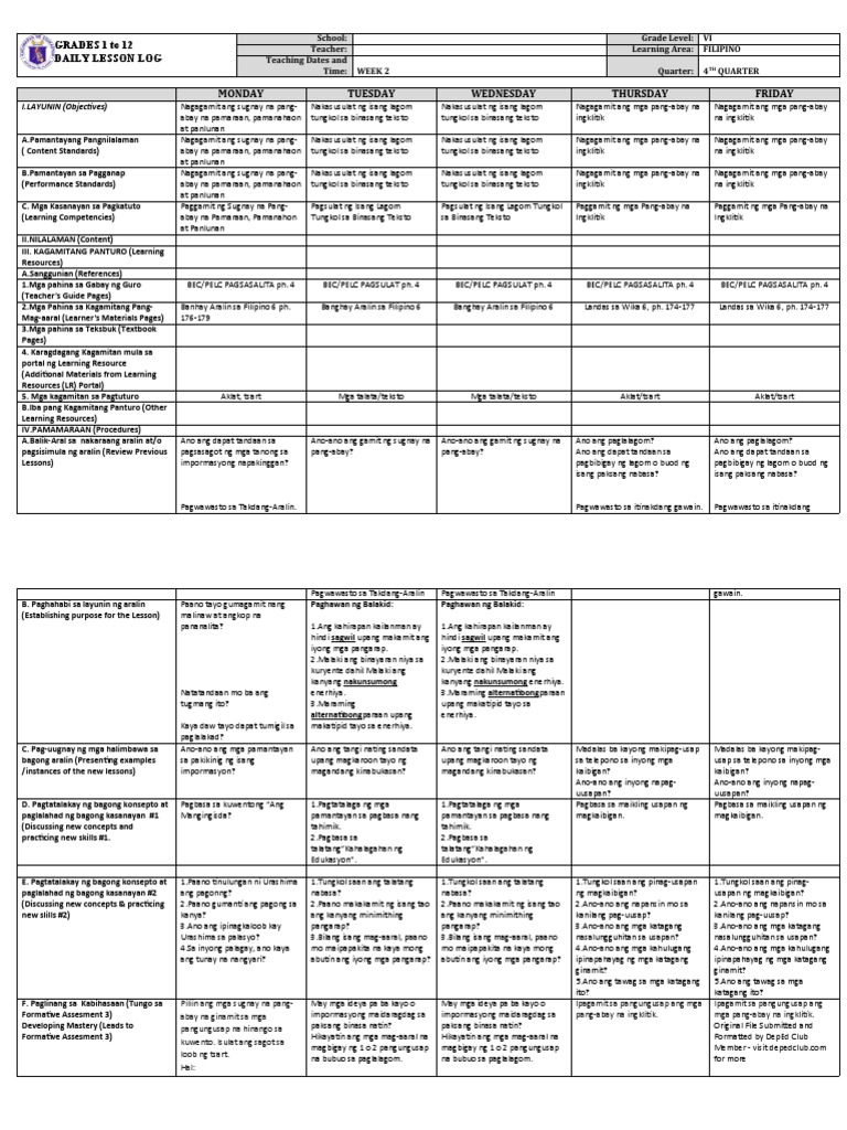 Grade 6 DLL Filipino q4 Week 2 | PDF