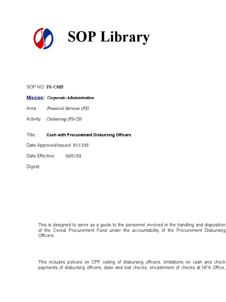 SOP Library:: Corporate Administration | PDF | Cheque | Debits And Credits