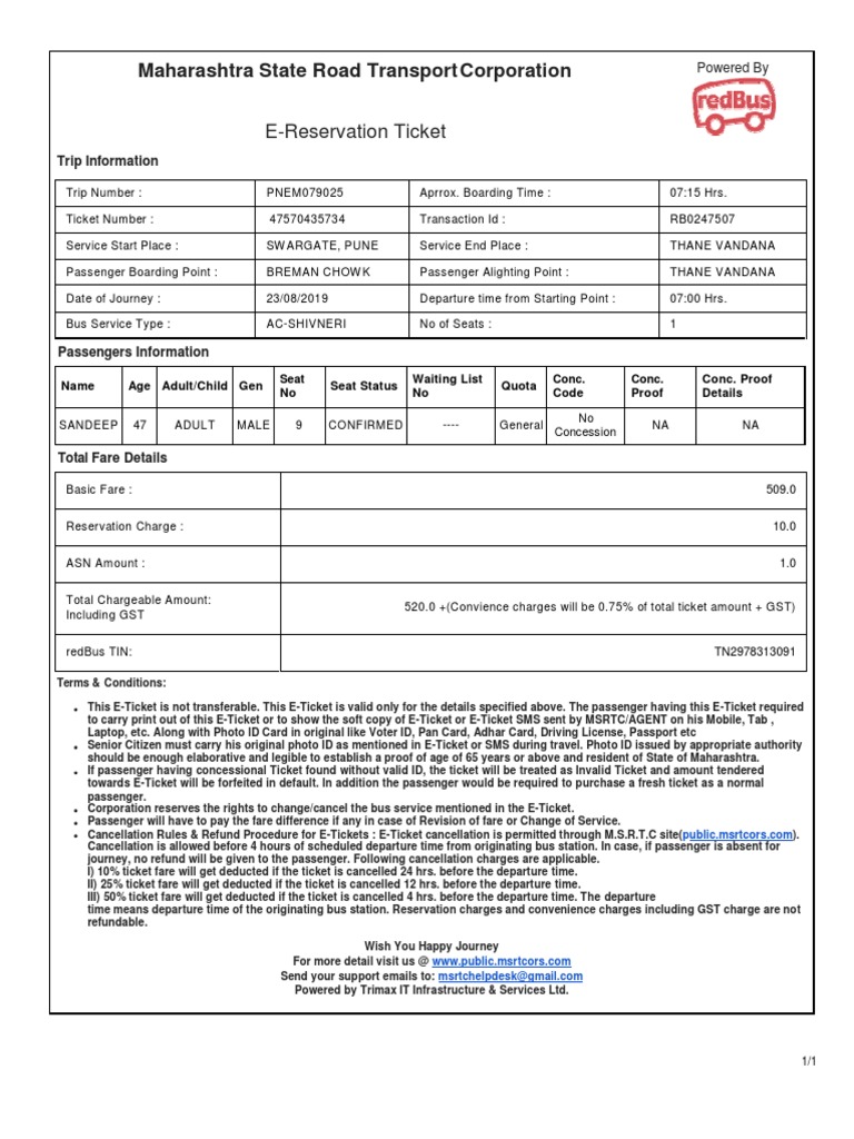 RedBus Ticket | PDF | Identity Document | Transport