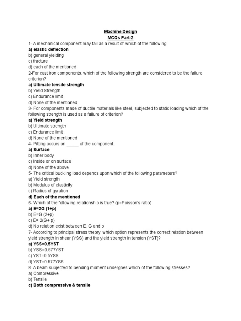 Machine Design Mcqs Part-2 A) Elastic Deflection | PDF | Strength Of ...
