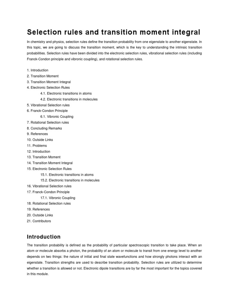 Selection Rules and Transition Moment Integral | PDF | Energy Level ...