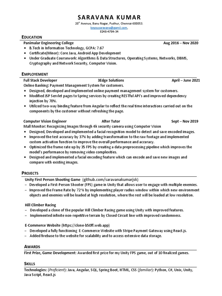 SaravanaKumar Resume1 | PDF | Computer Vision | Java (Programming Language)