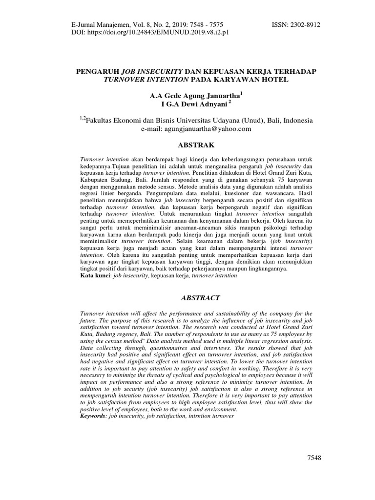 Pengaruh Job Insecurity Dan Kepuasan Kerja Terhadap: Turnover Intention Pada Karyawan Hotel | PDF