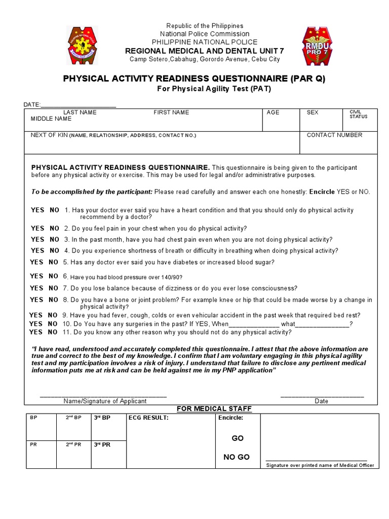 Physical Activity Readiness Questionnaire (Par Q) : Regional Medical ...