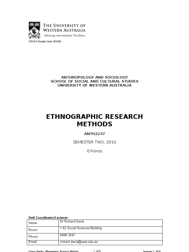 ANTH2237 Ethnographic Research Methods Outline | Ethnography | Plagiarism