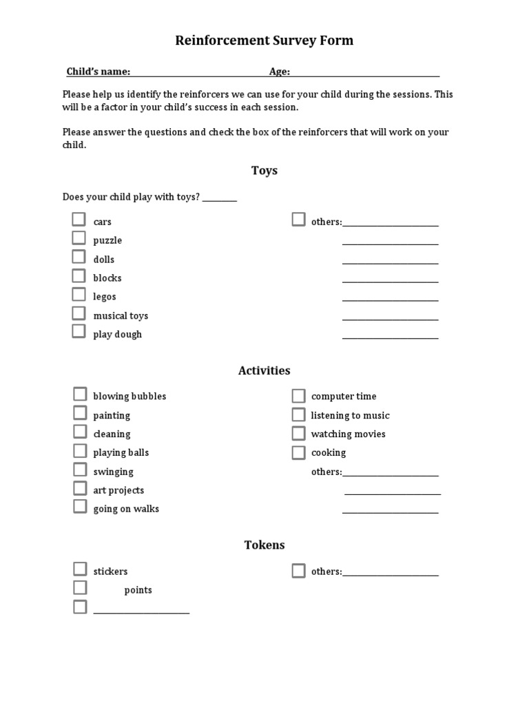 Reinforcement Survey Form: Child'S Name: Age | PDF | Toys | Food And Drink