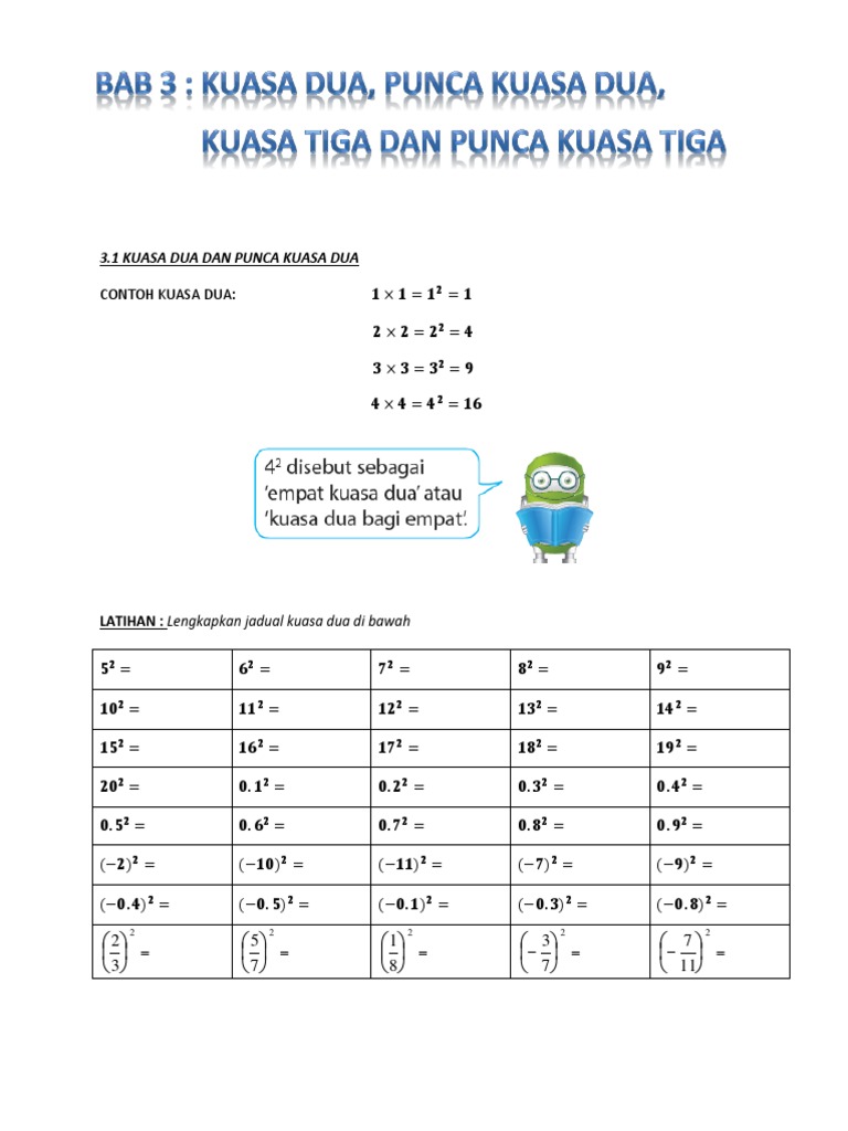 Bab 3 - Kuasa Dua, Punca Kuasa Dua, Kuasa Tiga Dan Punca Kuasa Tiga | PDF