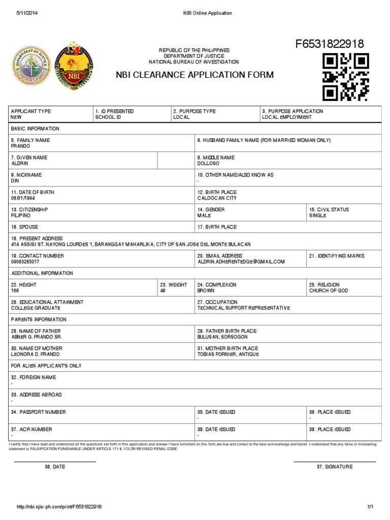 Nbi Clearance Application Form | PDF