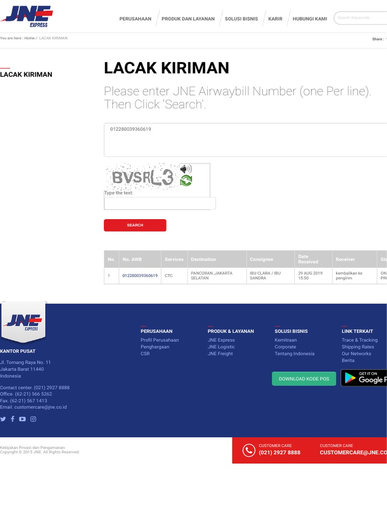 Please Enter JNE Airwaybill Number (One Per Line) - Then Click 'Search ...