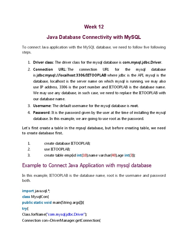 Week 12 JDBC Connectivity | PDF | My Sql | Data Management Software