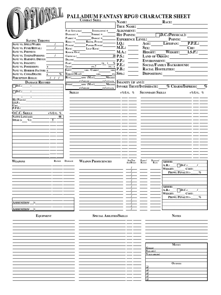 Palladium Fantasy Character Sheet | PDF | Leisure Activities | Role ...