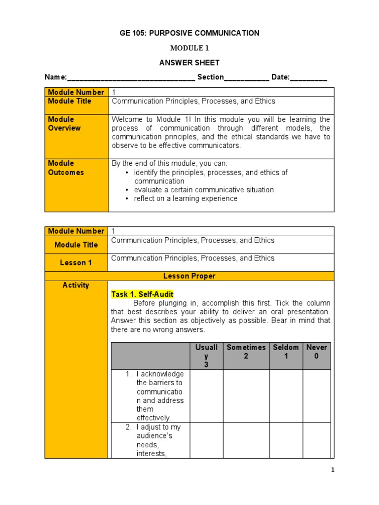 Module 1 - Answer Sheet | PDF | Nonverbal Communication | Communication