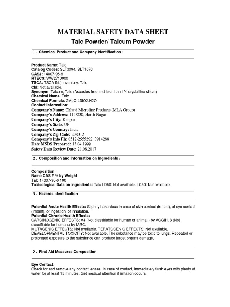 Talc Grade 5SW - MSDS | PDF | Toxicity | Biodegradation