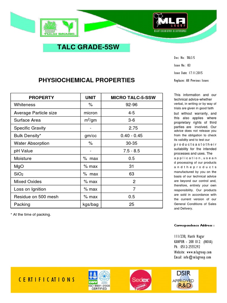 Talc Grade-5Sw: Physiochemical Properties | PDF | Chemistry | Applied ...