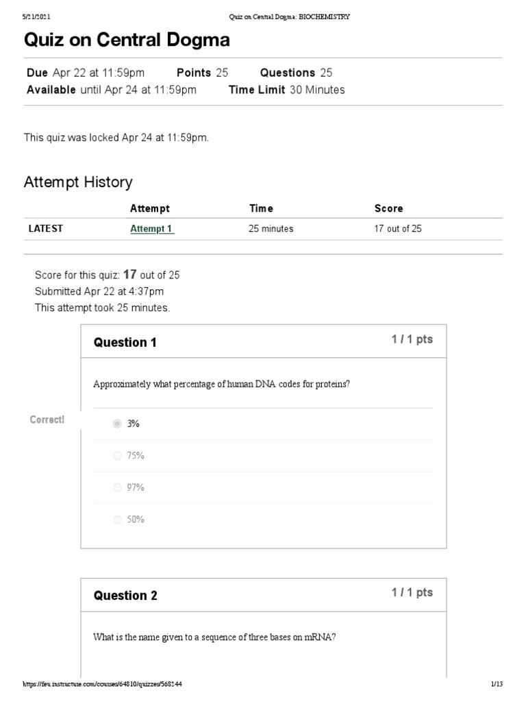Central Dogma Quiz Results and Insights | PDF | Rna | Translation (Biology)
