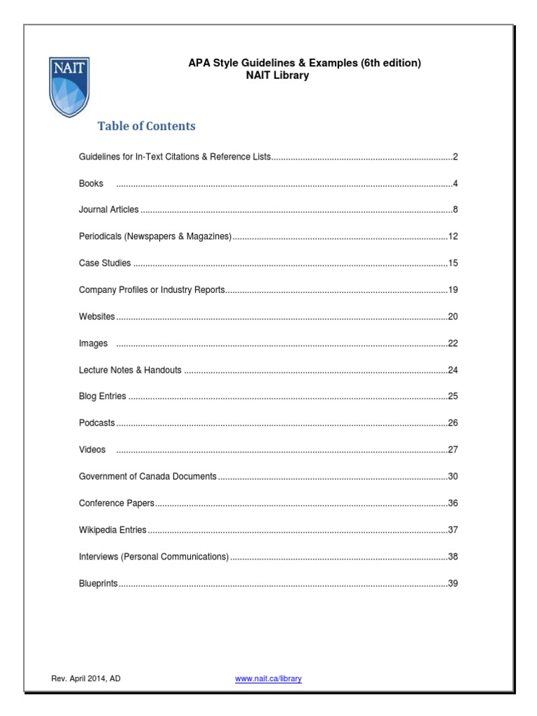 APA Style Guidelines & Examples (6th Edition) NAIT Library: Rev. April ...