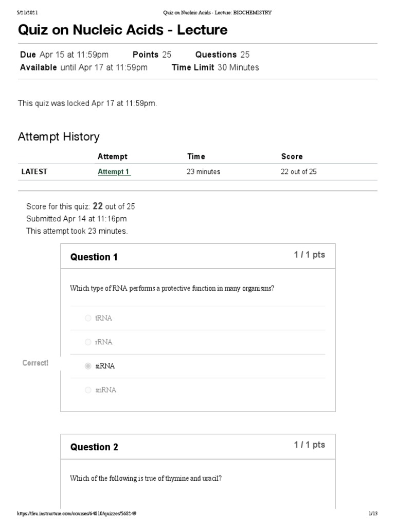 Quiz On Nucleic Acids - Lecture - BIOCHEMISTRY | PDF | Nucleic Acids | Rna