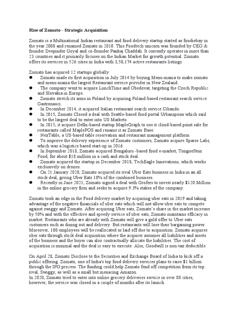 Zomato's Strategic Acquisitions Fuel Growth | PDF | Mergers And ...