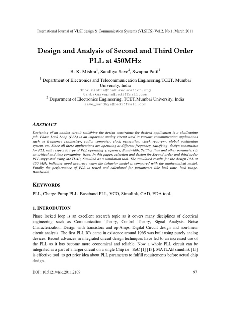 Design and Analysis of Second and Third Order PLL at 450MHz | PDF