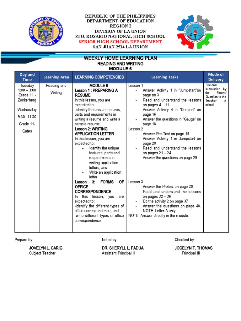 Weekly Home Learning Plan: Reading and Writing | PDF | Teaching | Pedagogy