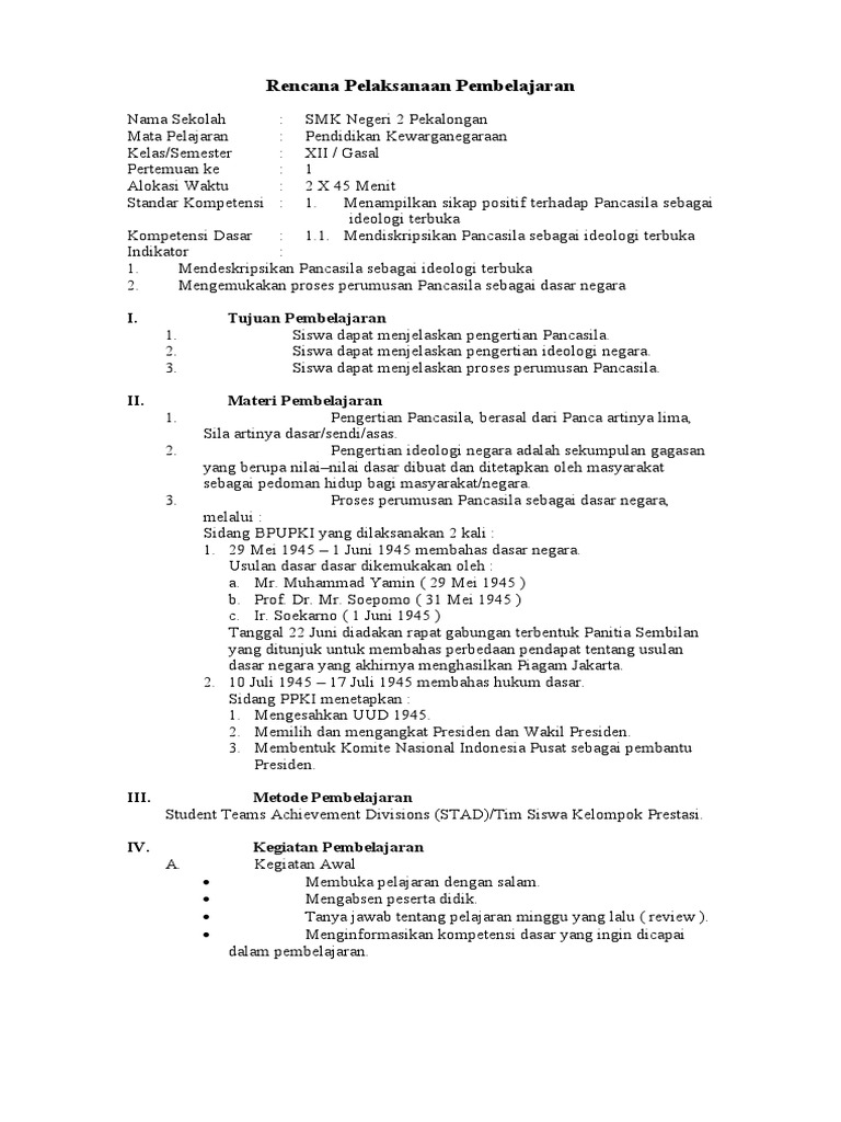 Contoh RPP PKN Kelas XII 2010-2011 | PDF