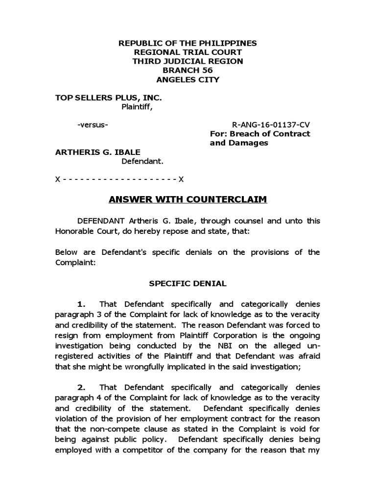 Answer With Counterclaim - Final For Printing | PDF | Damages | Private Law