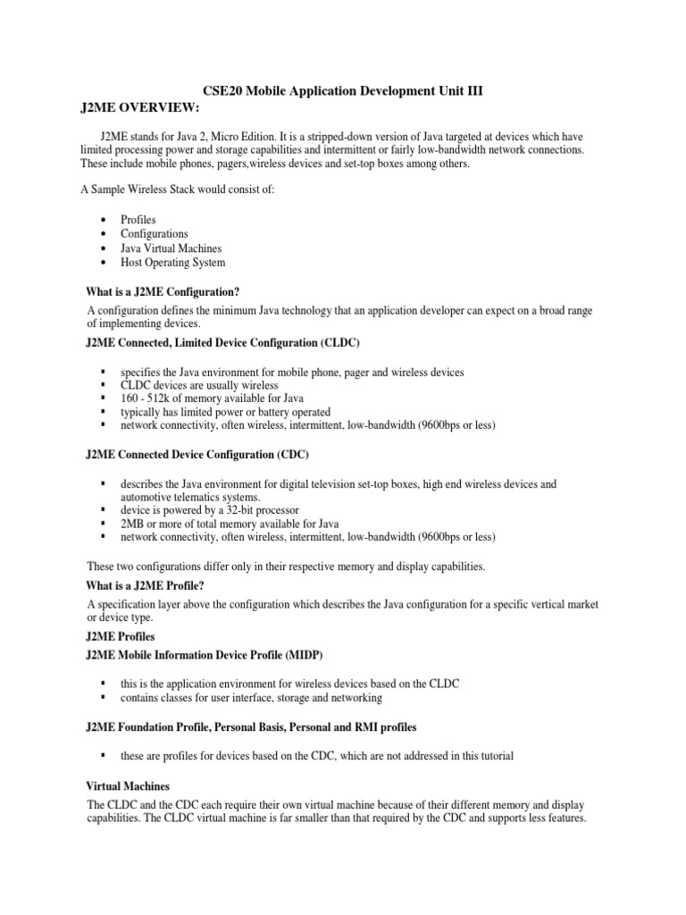 CSE20 Mobile Application Development Unit III J2Me Overview | PDF | Java (Programming Language ...