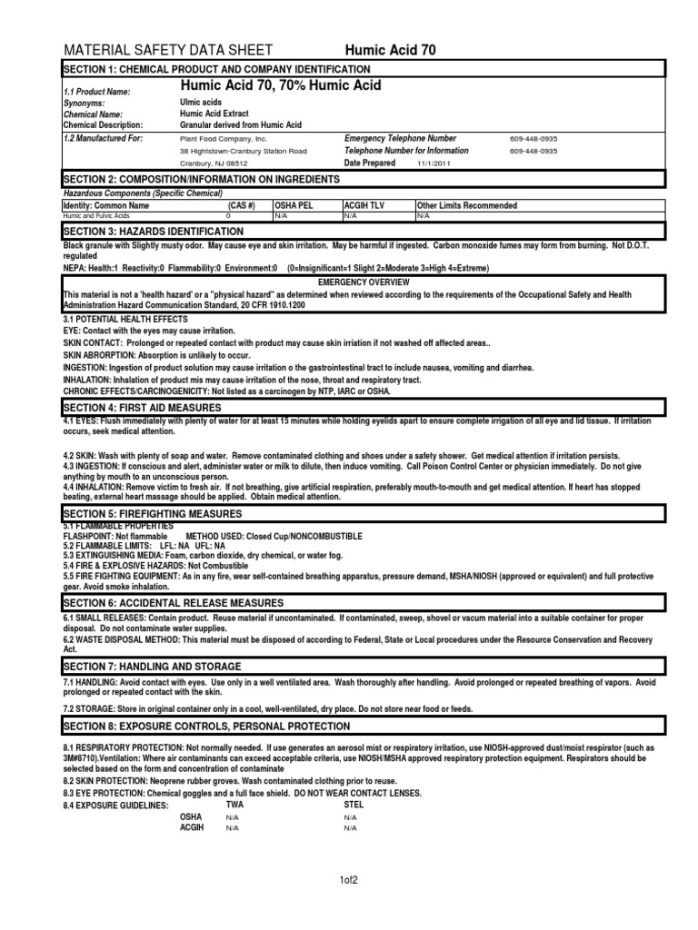 Humic Acid MSDS | PDF | Firefighting | Safety