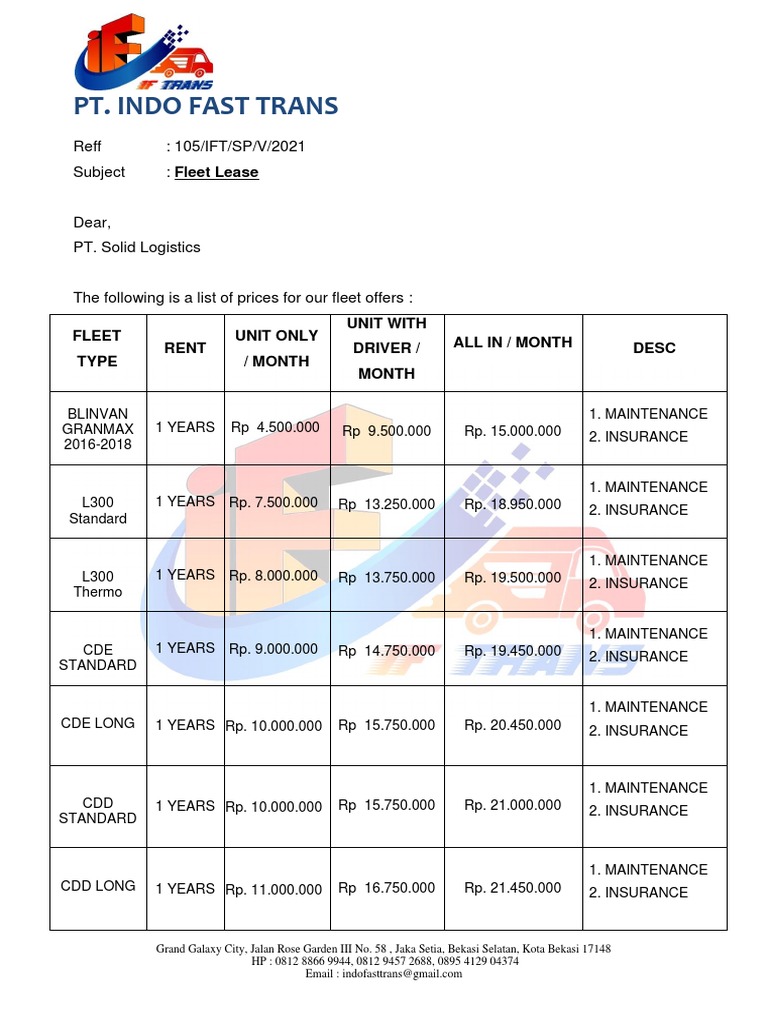 Penawaran Harga Pt. Indo Fast Trans | PDF | Business