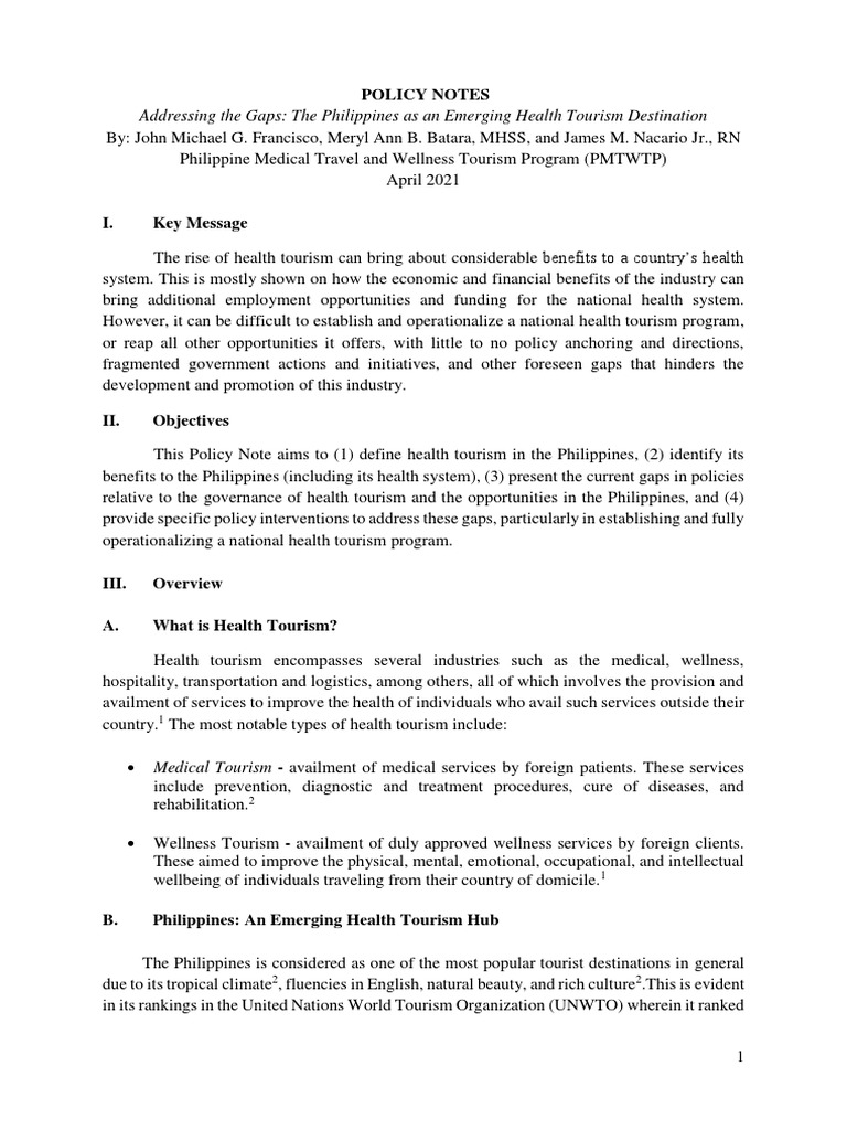 Policy Notes Addressing Gaps Phil As Emerging Health Tourism ...