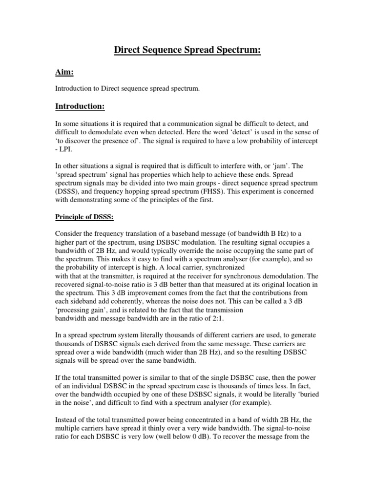 Direct Sequence Spread Spectrum | PDF | Bandwidth (Signal Processing ...