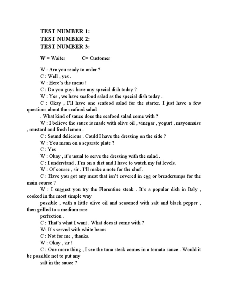 Test Number 1: Test Number 2: Test Number 3:: W Waiter C Customer | PDF ...