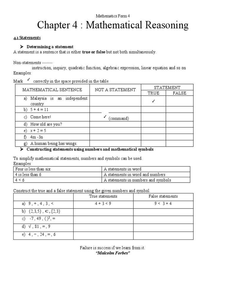Mathematical Reasoning in Form 4 | PDF | Numbers | Equations