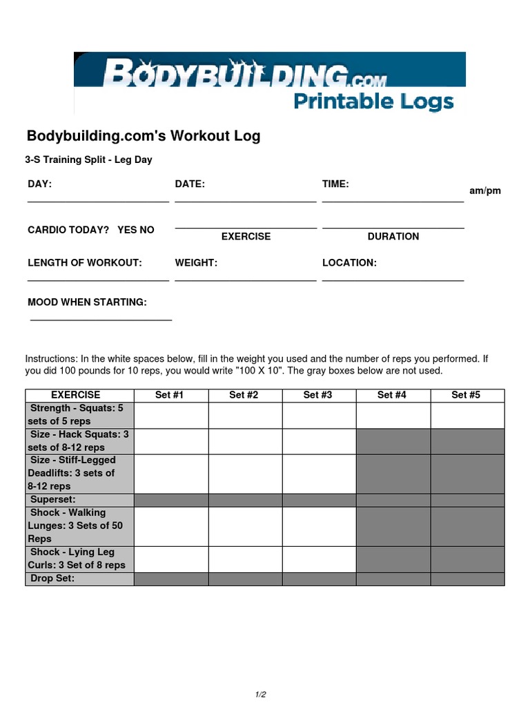 Leg Day Workout Log Template | PDF | Self-Improvement | Wellness
