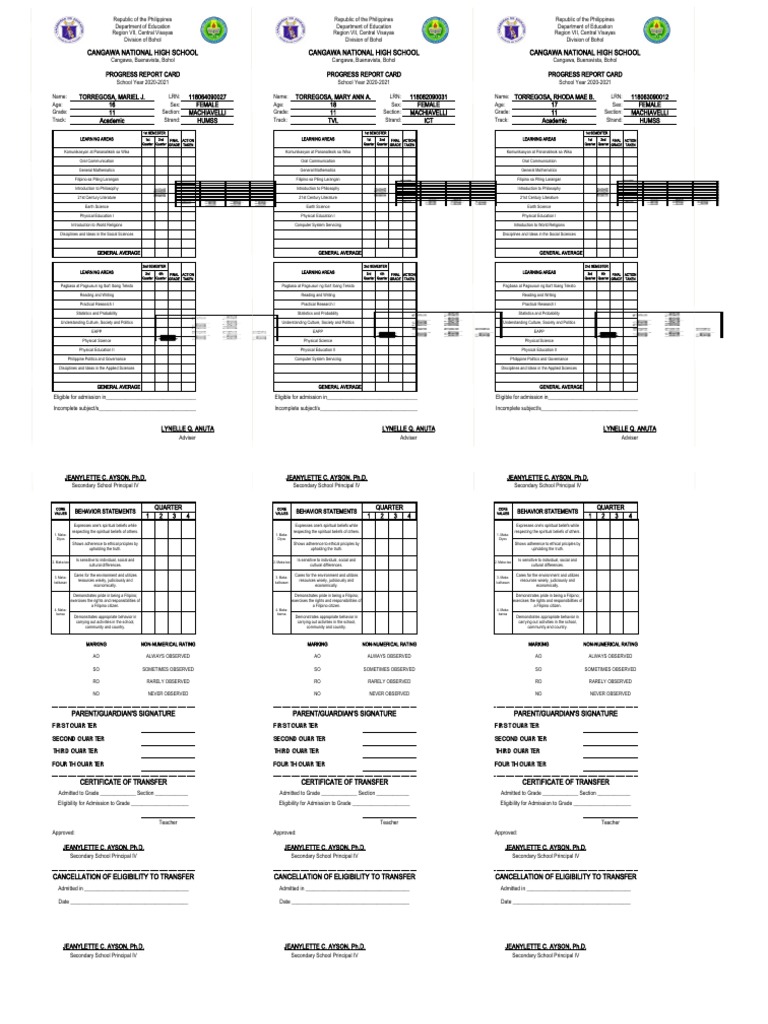 Sample Senior High School Report Card | PDF | Value (Ethics) | Science