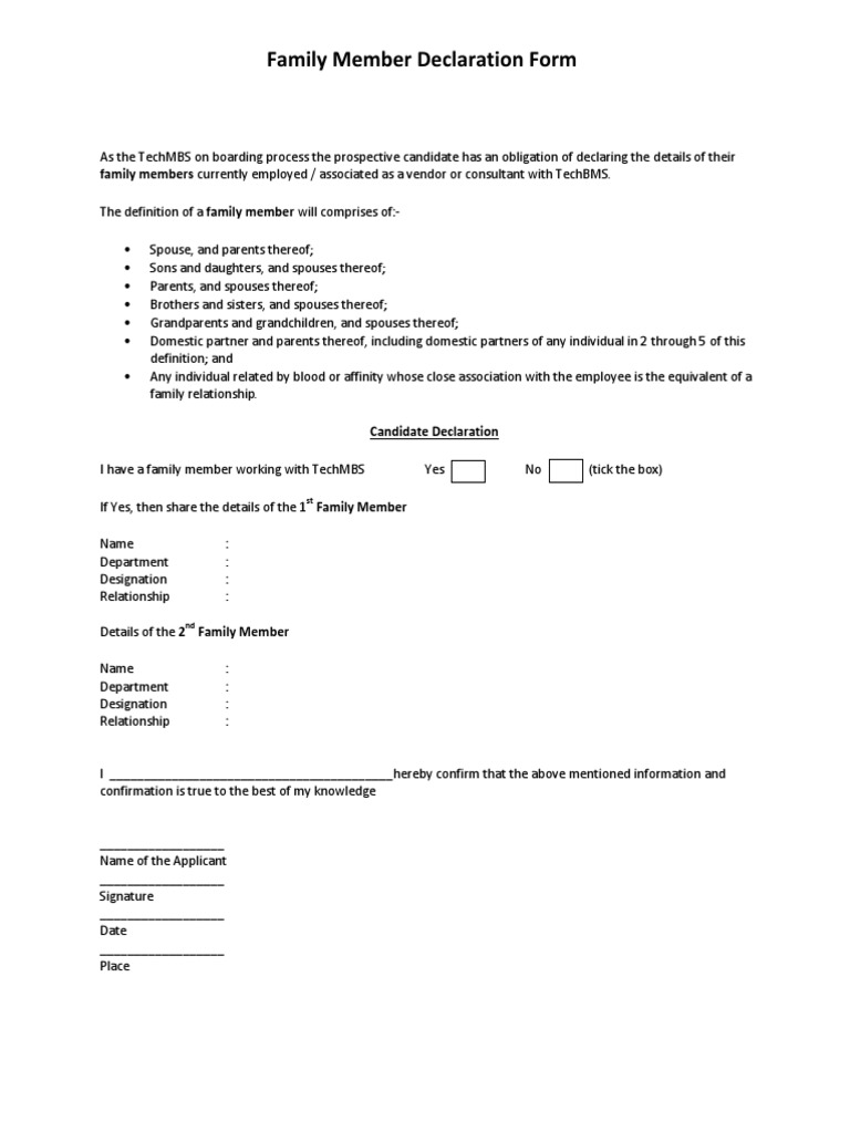 Family Member Declaration Form: Family Members Currently Employed ...